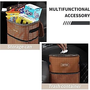 HOTOR Brown Car Trash Can with Adjustable Strap, Magnetic Snaps, Waterproof Lining, and Storage Pocket