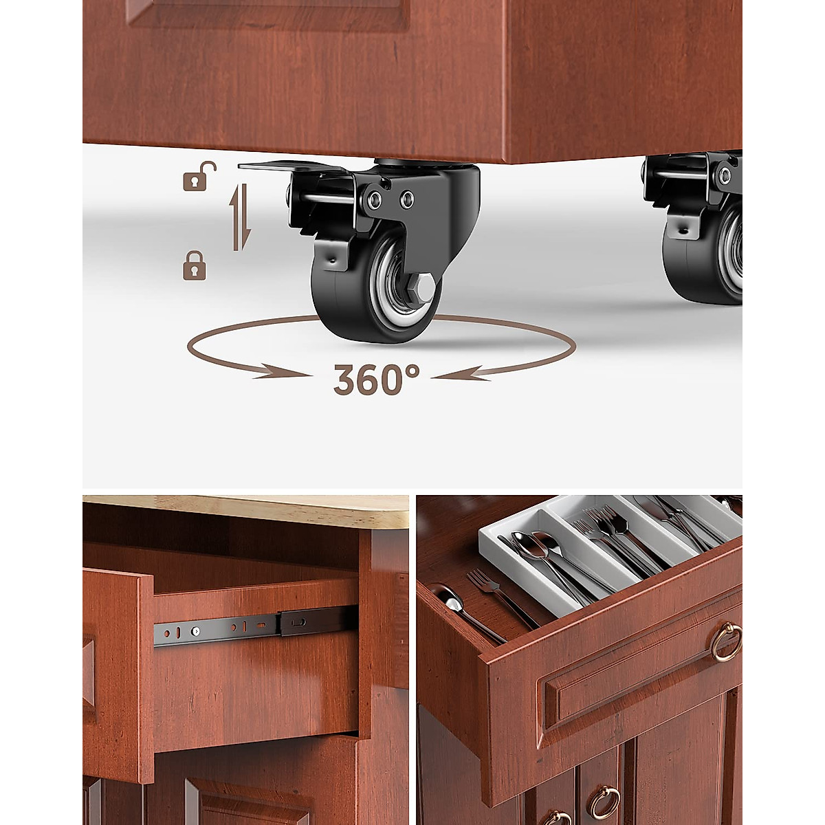 Qsun Kitchen Island with Drop Leaf Countertop, Wood Kitchen Island Cart on Lockable Wheels with Two Large Drawers and Two Large Storage Cabinet with Double Doors, Brown