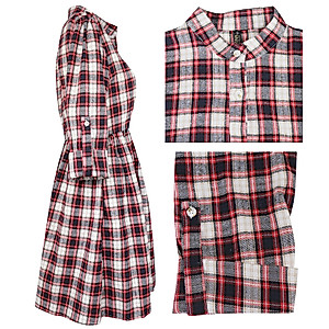 FANCYINN Women's Gingham Stand Collar Shirt Dress Button Up Casual Round Up Long Sleeve Mini Plaid Shirt Dresses Christmas Red and Black S