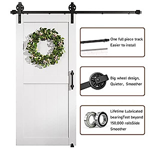 6FT Heavy Duty Sturdy Sliding Barn Door Hardware Kit-Smoothly and Quietly-Smoothly and Quietly- Easy to Install with Floor Guide and Handle - Fit 1 3/8-1 3/4" Thickness – Black (J Shape Hanger)