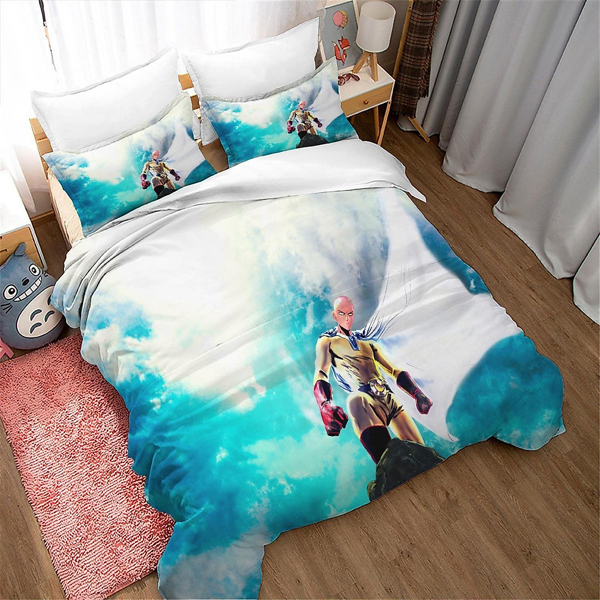 NICHIYOBI Punch Hero Anime Saitama Bareheaded Duvet Cover Set 3D Bedding Comforter Cover 3 Pcs (1 Duvet Cover+2 Pillowcases) Bedding Set (10,Twin-68x86in+20x30in*2)