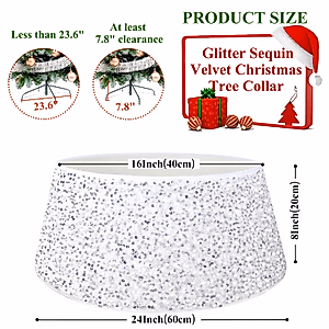 FUHSY Sequin Christmas Tree Collar White Christmas Tree Skirt 23.6 Inch Diameter Round Glittery Sequin Tree Skirts Velvet Xmas Tree Ring Box Christmas Santa Tree Stand Base Cover for Winter Holiday