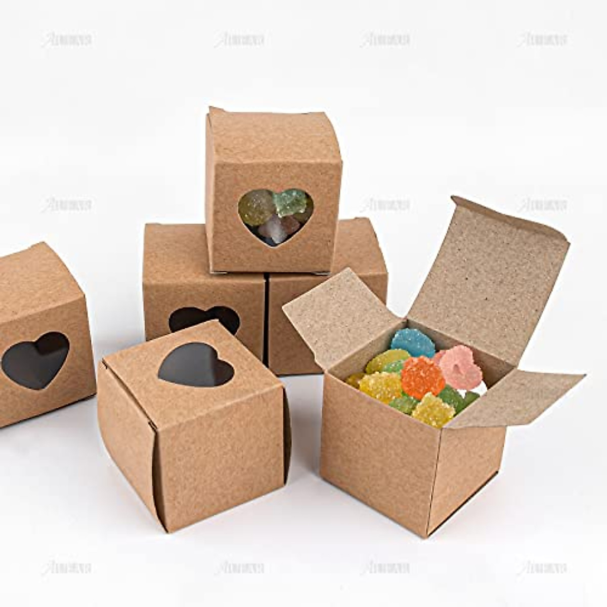 AUEAR, 50 Pack of Kraft Gift Boxes with Clear Plastic Heart Window 2x2x2 inch Treat Gift Boxes for Cake Candy Cookies Dessert