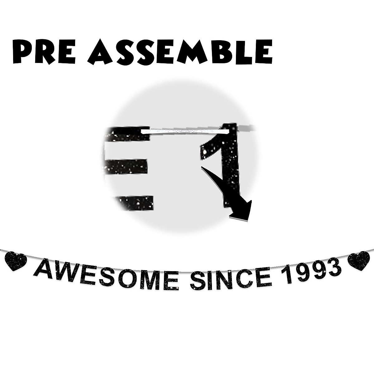 Awesome Since 1993 Banner Happy 29th Birthday Decorations Black Glittery Heart Theme Decor for Men Women 29 Twenty Nine Years Old Birthday Party Supplies Backdrop Pre-strung