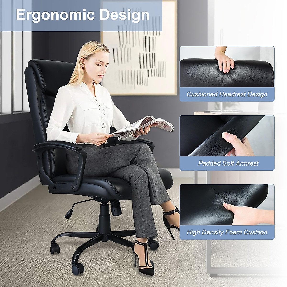 HForesty Executive Office Chair, High Back Computer Desk Chair, PU Leather Adjustable Height Task Chair with Tension Controller Device, 300LBS Weight Capacity, Black