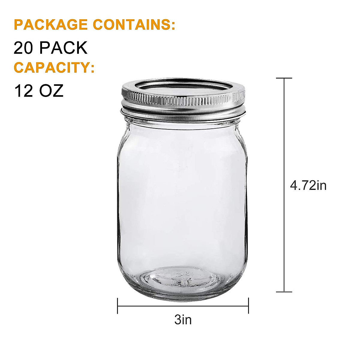 Accguan 12oz / 350ml Mason Jars with Airtight Lids, Glass Jar With Regular Lids, Clear Glass Jar Ideal for Jam,Honey,Wedding Favors,Shower Favors, Set of 20