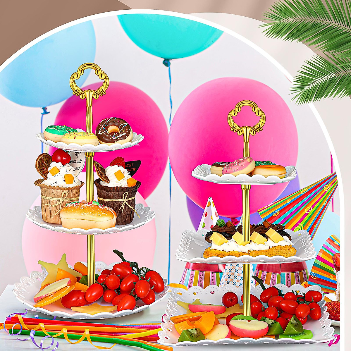 Mifoci 24 Pcs Cake Stand White Plastic Dessert Table Stand Set 6 Pcs 3 Tire Cupcake Display Stands Cookie Tray Rack Serving Tray Cupcake Display Tower 12 Pcs Dessert Trays 6 Tong for Wedding Tea Party