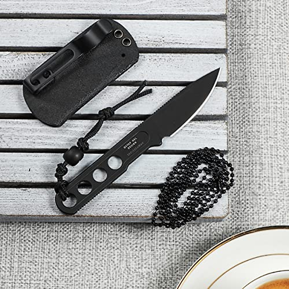 CIVIVI Circulus Fixed blade knife, 1.96" Cutting Edge Black Stonewashed 10Cr15CoMoV Steel with A Black Kydex Sheath, A Nylon Lanyard with Titanium Bead C22012-1