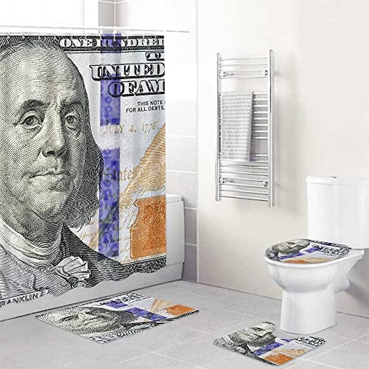 Money Shower Curtain Sets Non-Slip Rug,Toilet Lid Cover and Bath Mat 100 Dollar Bill USA Money Curtains Vintage Hundred Dollar Bathroom Set Fabric Shower Curtain for Bathtub with Plastic 12 Hooks