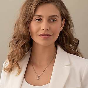 PEORA Solid 14K White Gold Aquamarine with Diamond Pendant for Women, Genuine Gemstone Birthstone Solitaire, Emerald Cut, 7x5mm