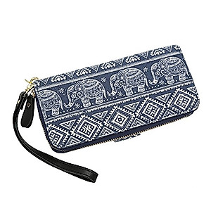 LATH.PIN Bohemian Purse Wallet Canvas Elephant Pattern Handbag with Coin Pocket and Strap (Blue, Large)
