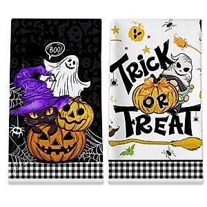 Unibyby Halloween Kitchen Towels, Halloween Pumpkin Towels Set of 2, Trick or Treat Dish Towels for Kitchen with Black Cat and Ghost Buffalo Plaid Decorations for Home, 18x28 Inches