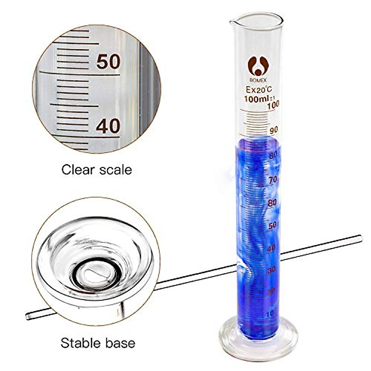 FEIGO 5 Pack Glass Graduated Cylinder 5ml 10ml 25ml 50ml 100ml Lab Measuring Cylinders Set with 1 Stirring Rod