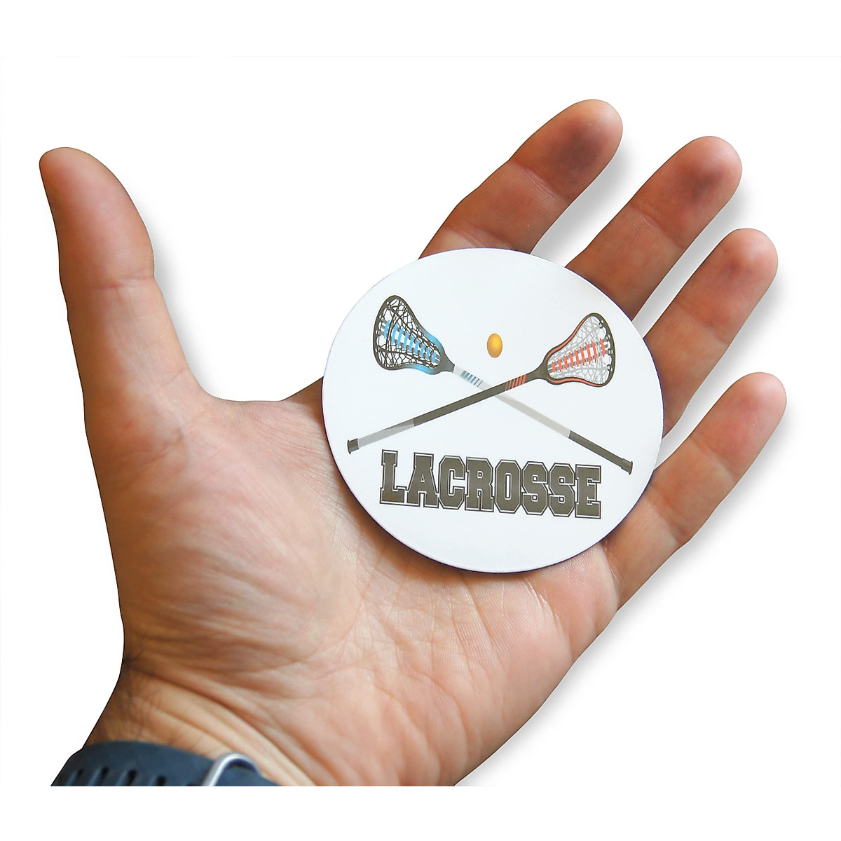 Novel Merk Lacrosse Refrigerator Magnets, Circle with Ball, Crosse Sticks, & Text for Gifts, Decor, Party Favors, & Prizes (10), Black White Red Blue, (jsfdj334)