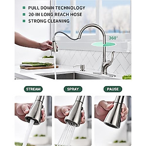 APPASO Patented Kitchen Faucet with Pull Down Sprayer and Soap Dispenser - Single Handle Stainless Steel Brushed Nickel High Arc Pull Out Kitchen Sink Faucets with Deck Plate