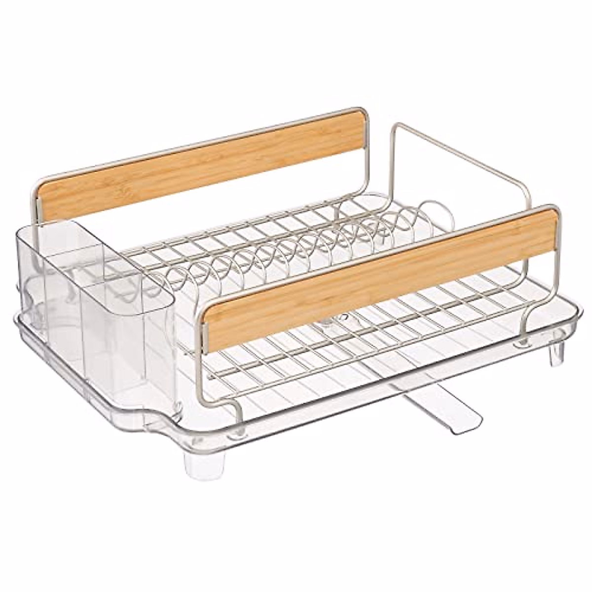 mDesign Large Kitchen Countertop, Sink Dish Drying Rack with Bamboo Wood Accents - Removable Cutlery Tray & Drainboard with Adjustable Swivel Spout - 3 Pieces, BPA Free Cutlery Caddy, Satin/Clear
