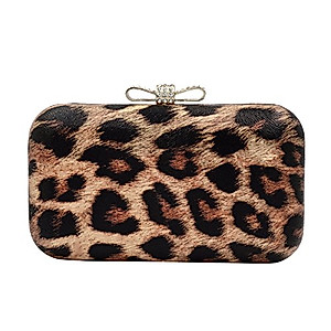 Elegant Leopard PU Leather Crystal Bow Top Hard Clutch, Brown