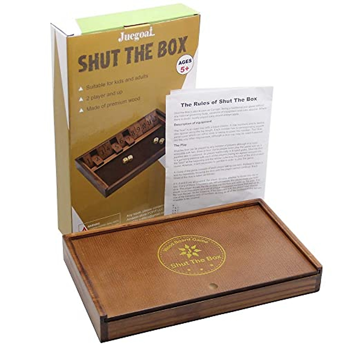 Juegoal Shut The Box Wooden Board Dice Game with 12 Numbers and Lid for Kids Adults Families, 2 Players and Up