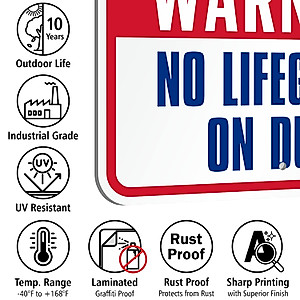 SmartSign 12 x 18 inch “Warning - No Lifeguard On Duty” Metal Sign with Symbols, 63 mil Laminated Rustproof Aluminum, Blue/Red on White