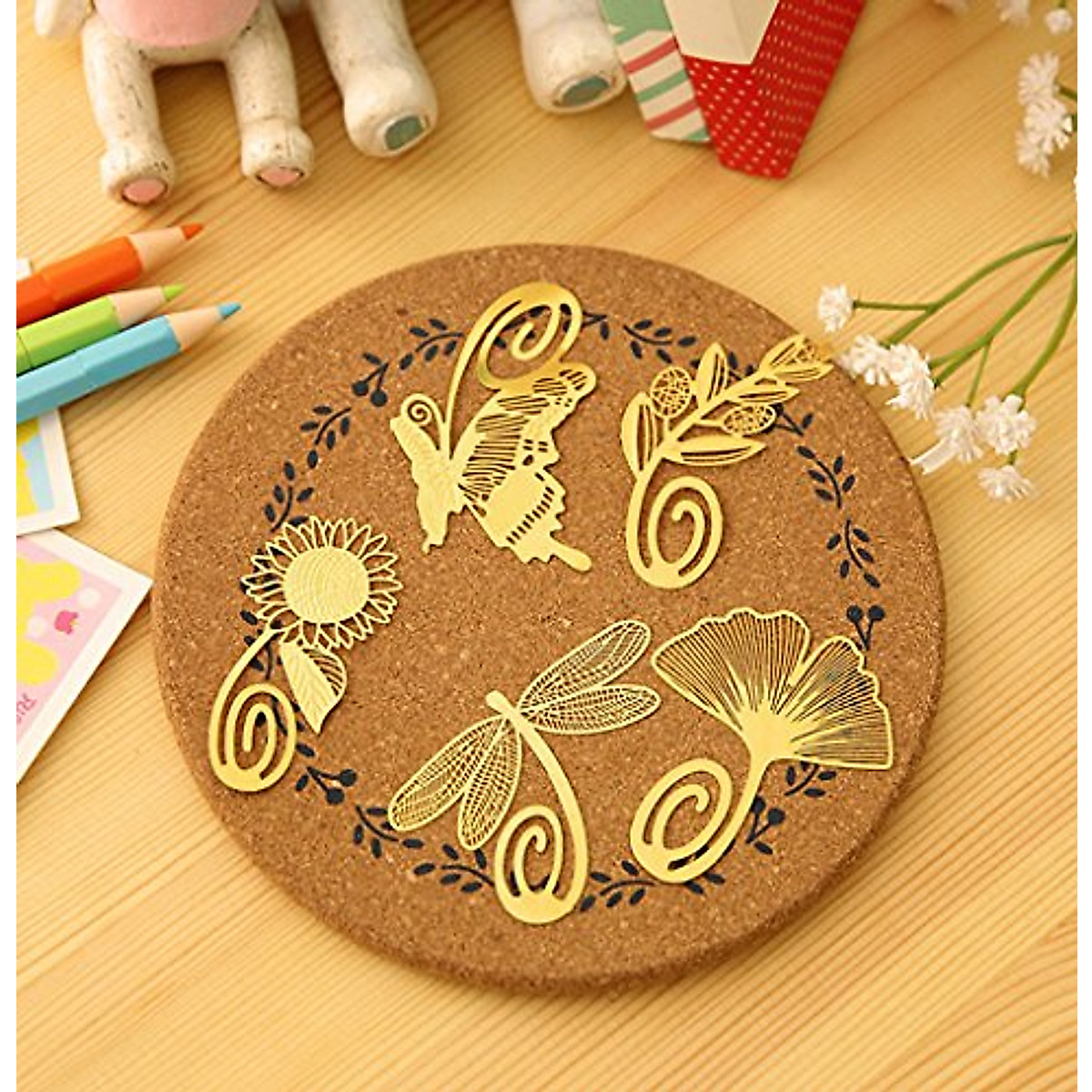 yueton Pack of 8 Cute Cartoon Art Feather Butterfly Dragonfly Gingkgo Monkey Pred Perry Sunflower Olive Branch Metal Gold Bookmarks Book Mark Reading New Novelty + Free Gift