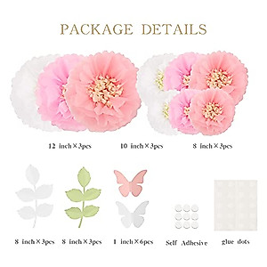 Komiikka Tissue Paper Flowers Decorations for Wall, Tissue Pom Poms Chrysanth Flowers DIY Crafting for Baby Shower, Girl Birthday Party, Nursery Wall Decorations (White Pink)