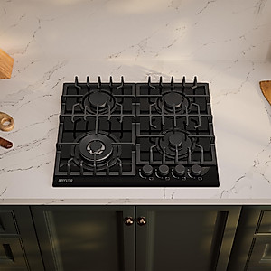 Empava 24 in. Gas Stove Cooktop with 4 Sealed Burners-Heavy Duty Continuous Grates-NG/LPG Convertible-Black Tempered Glass Surface, 24 Inch