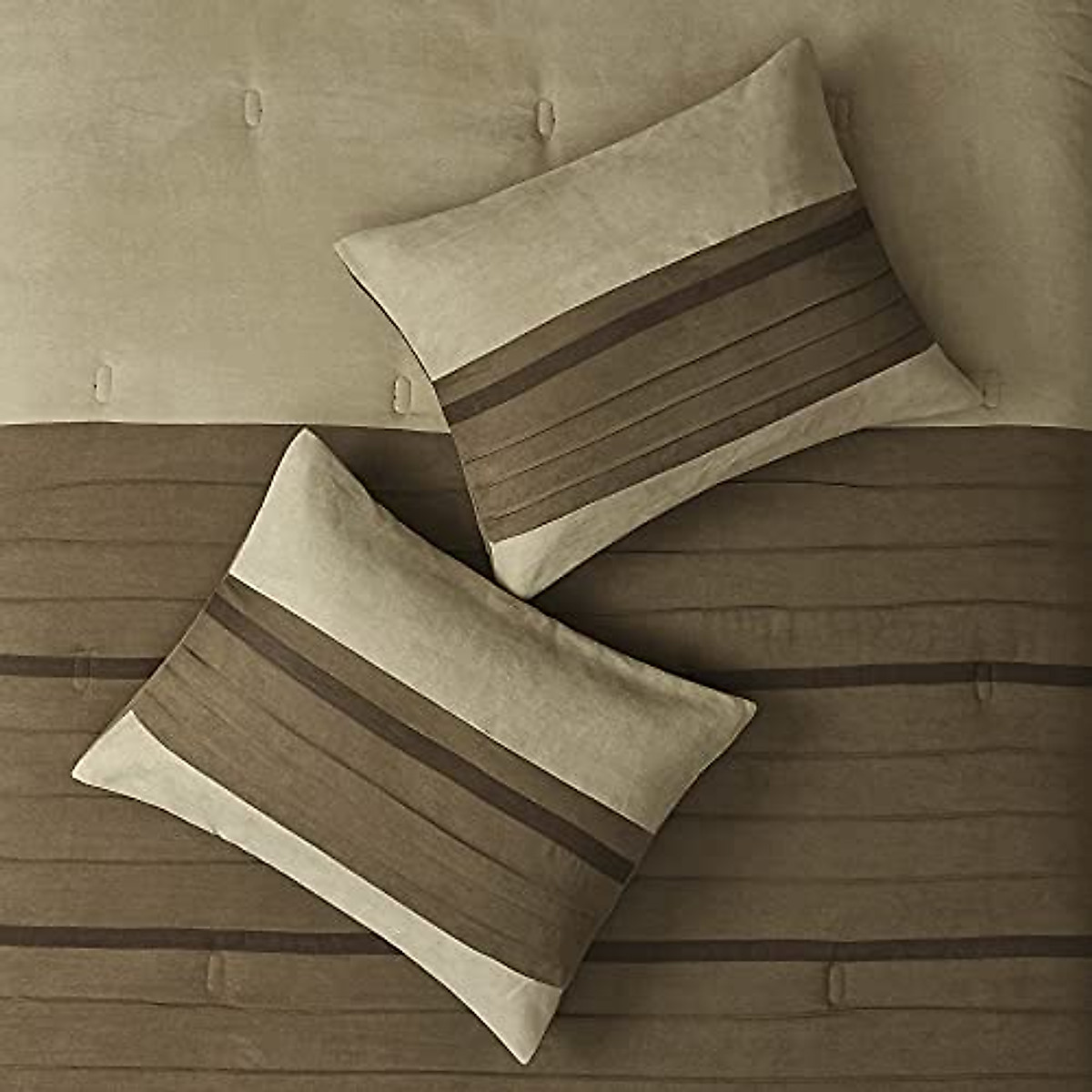 Madison Park Palmer Comforter Set - Faux Suede Design, Striped Accent, All Season Down Alternative Bedding, Matching Shams, Decorative Pillow, Bed Skirt, King (104 in x 92 in), Natural 7 Piece