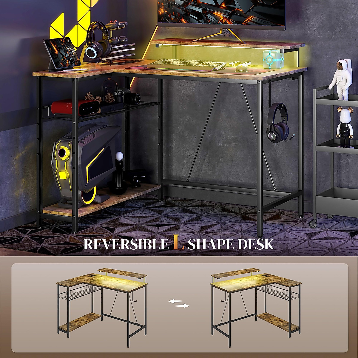 HOMCOM 42" L Shaped Desk with LED Lights, Power Outlet, USB Charging Ports, Reversible L Shaped Computer Desk with Storage Shelves, Monitor Stand, Corner Gaming Desk for Home Office, Rustic Brown