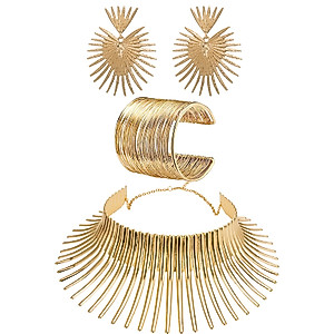 WAINIS African Collar Choker Necklace Earrings Bangle Set for Women Gold Statement Tooth Shape Tribal African Jewelry
