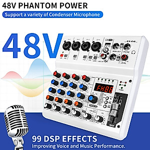 6-Channel Audio Mixer with 99 Sound Effects for PC,Portable Sound Mixing Console with Bluetooth USB Recording Input for Live Streaming,Podcasting,DJ Show