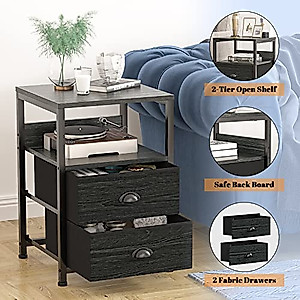 Furologee Nightstand with 2 Fabric Drawers, End Table with Storage Shelf, Industrial Bedside Table, Small Dresser Organizer Furniture Metal Frame for Living Room/Bedroom/Dorm/Hallway, Black Oak