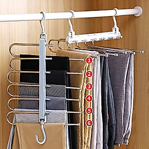 Space Saving Pants Hangers, Foldable 6 Layers Stainless Steel Jeans Organizer for Closet, Non-Slip 6 in 1 Multifunctional Trouser Rack (Blue)