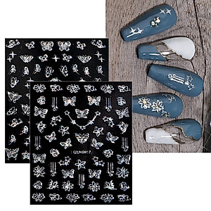 JMEOWIO 12 Sheets Aurora Holographic Butterfly Nail Art Stickers Decals Self-Adhesive Pegatinas Uñas Glitter Flower Nail Supplies Nail Art Design Decoration Accessories