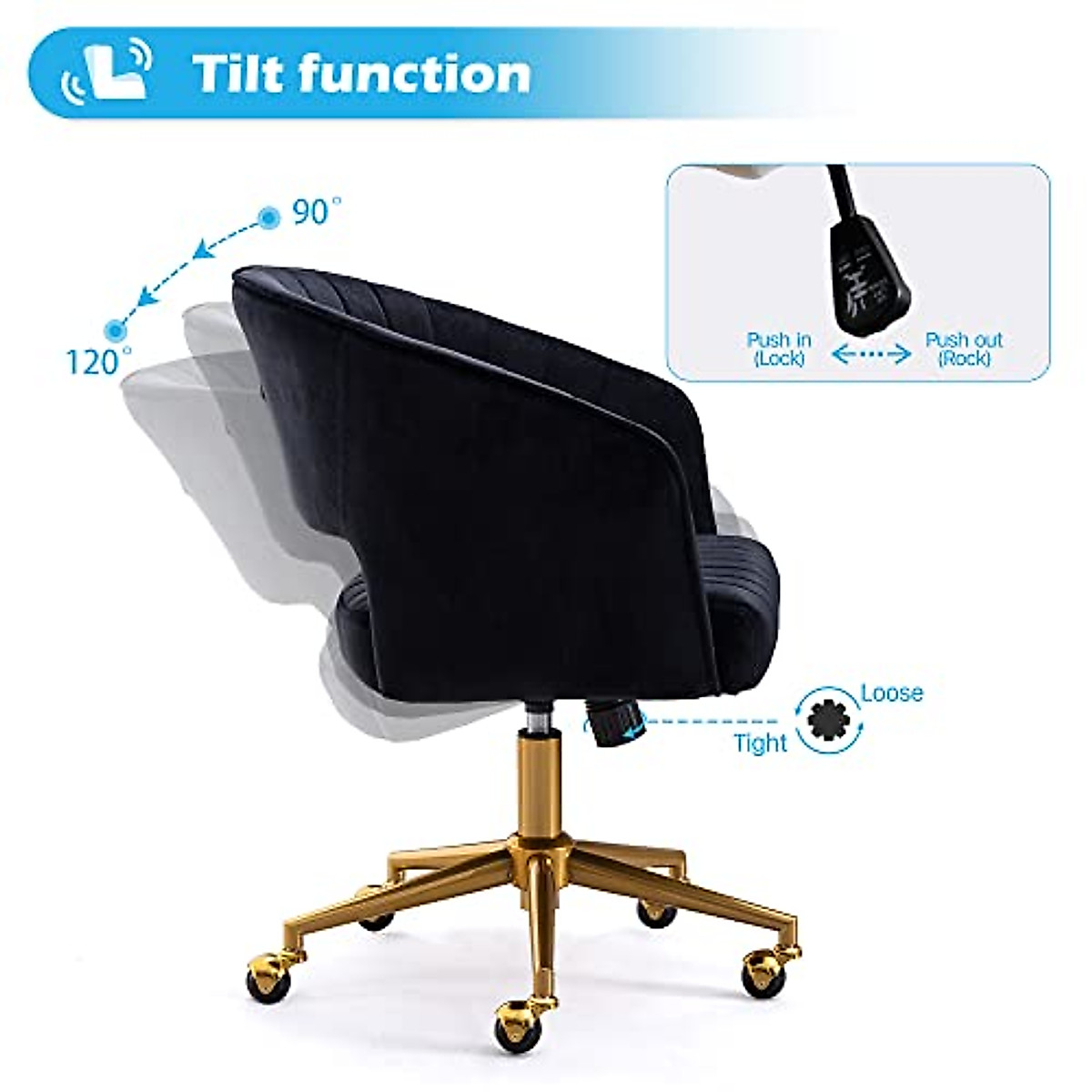 Home Office Chair Swivel Velvet Desk Chair Accent Armchair Upholstered Modern Tufted Chairs with Gold Base for Girls Women Ergonomic Study Seat Computer Task Stools for Living Room(Black)
