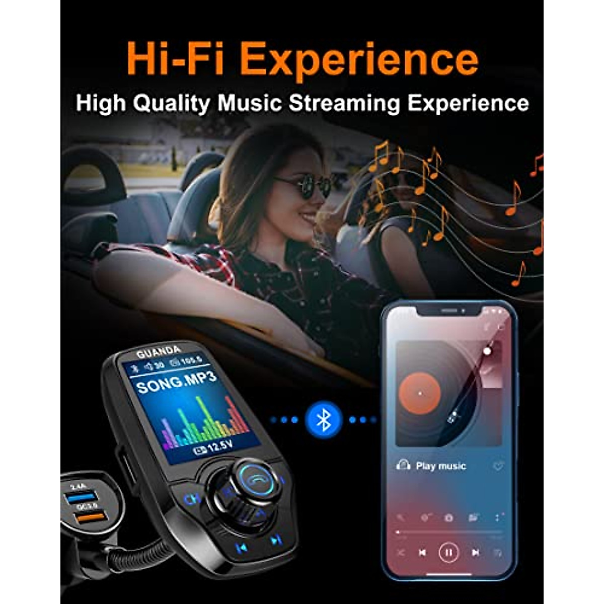 Bluetooth FM Transmitter in-Car Wireless Radio Adapter Kit W 1.8" Color Display Hands-Free Call AUX in/Out SD/TF Card USB Charger QC3.0 for All Smartphones Audio Players - RM100 Black