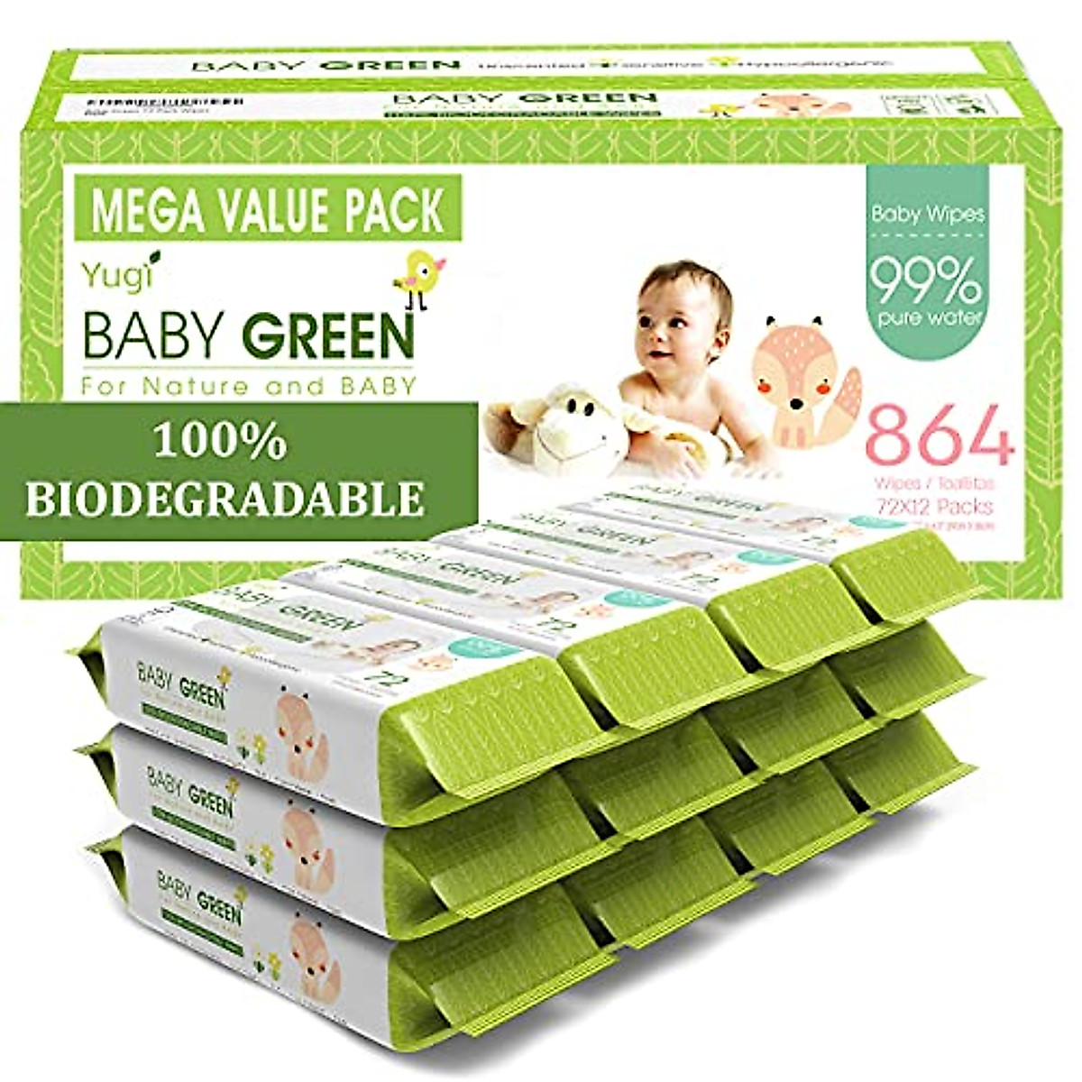 Yugi Baby Green Wipes Unscented Compostable Biodegradable and Organic– Value Pack (12 Packs of 72) 864 for Sensitive Skin