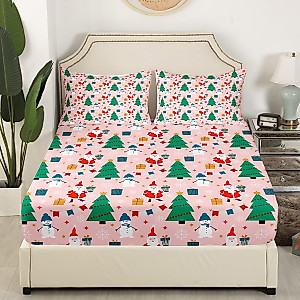Kids Merry Christmas Tree and Snowman Fitted Sheet Twin Size Xmas Deer Elk Decor Bed Sheet Set for Boys Girls Teens Bedroom Decor Snowflake Bedding Set Women Men Bed Cover with 1 Pillow Case