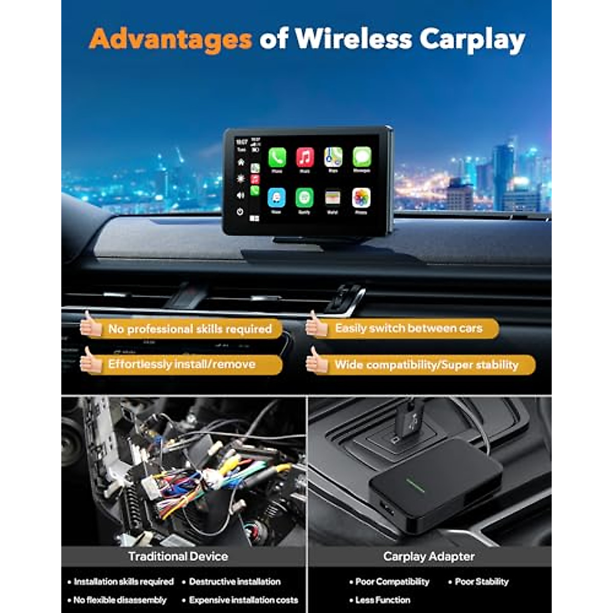 LAMTTO 7" HD Wireless Car Stereo with Apple Carplay & Backup Camera, Portable Touchscreen Android Auto Adapter with GPS Navigation System,Multimedia Player Video Receivers with Bluetooth,Airplay