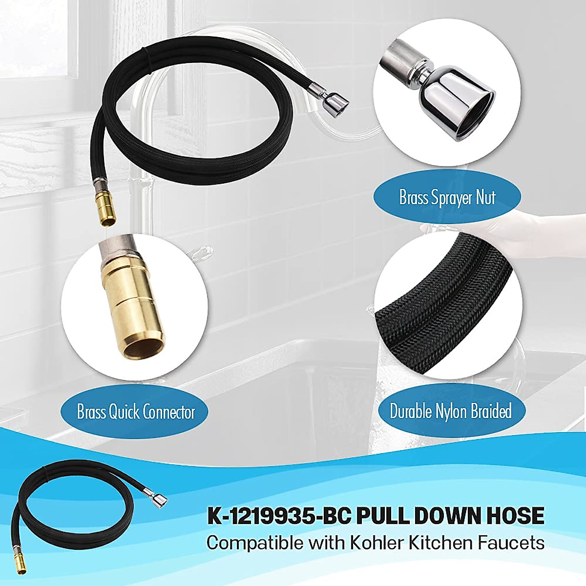 Kitchen Faucet Parts Replacement for Kohler Faucet K-1304674-BC to Hose Adapter extender, sink hose attachment for faucet K-1219935-BC, 67" Inches Pull Down Hose, Bright Chrome Finish