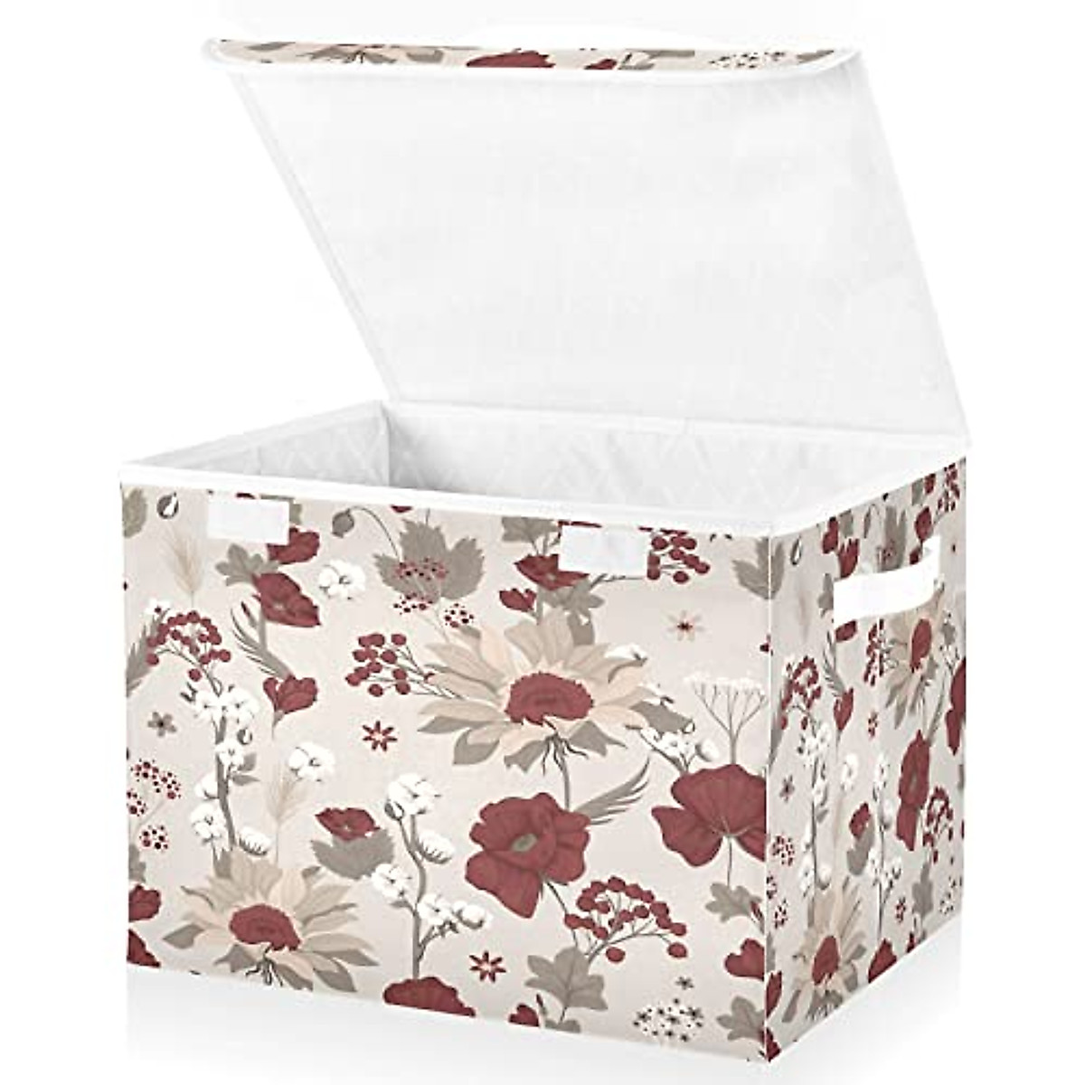 Kigai Vintage Red Flowers Storage Bins with Lids and Handles 17x13x12 In Foldable Fabric Storage Basket Toys Clothes Organizer for Shelves Closet Home Bedroom Office