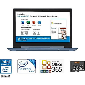 Lenovo 2021 Newest ideapad Compact Laptop for School and Home: 11.6" HD Display, Intel Dual-Core Celeron, 4GB RAM, 64GB Storage, WiFi, BT, HDMI, Dolby Audio, Office 365, Win10 S, June Cloth