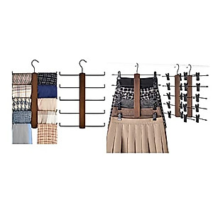 Mkono 2 Pack Scarf Hanger Wooden for Closet Organize Scarf Rack with 10 Hooks for All Scarves and 3 Pack Pants Skirts Hangers Space Saving 5 Tier with Adjustable Clips