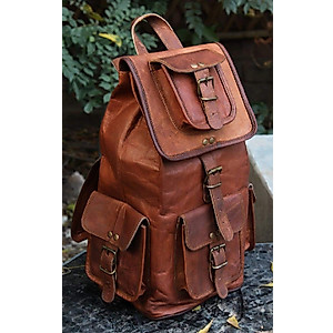 GifteQ Retro Travel Rucksack Backpack Brown Leather Bag for Men Women (18")