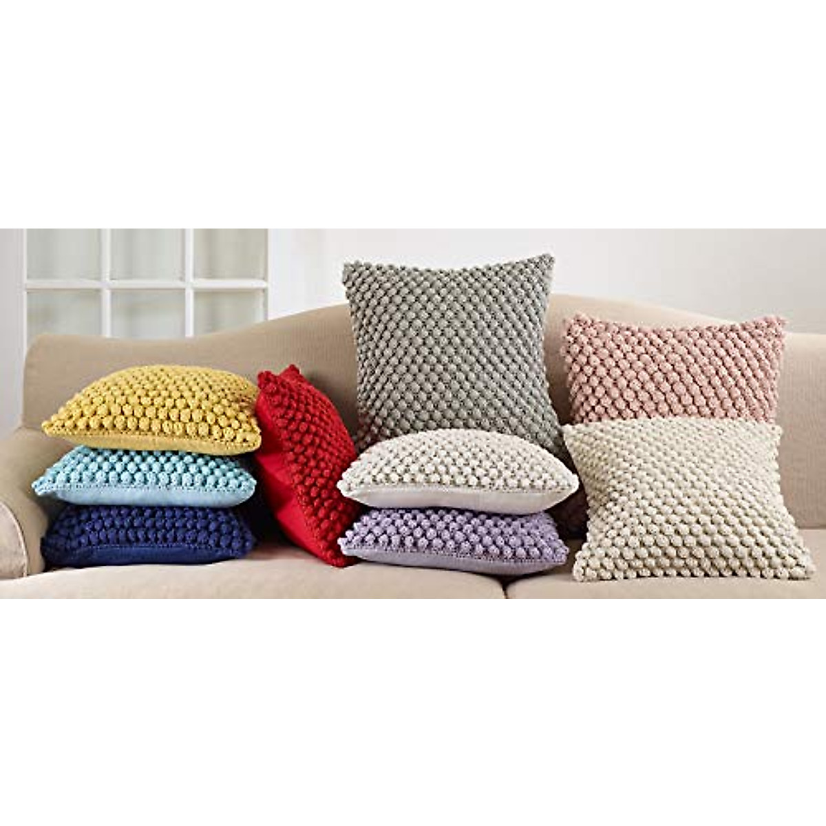 SARO LIFESTYLE Camargue Collection 3519.I20S Crochet Pom Throw Pillow with Down Filling, 20", Ivory