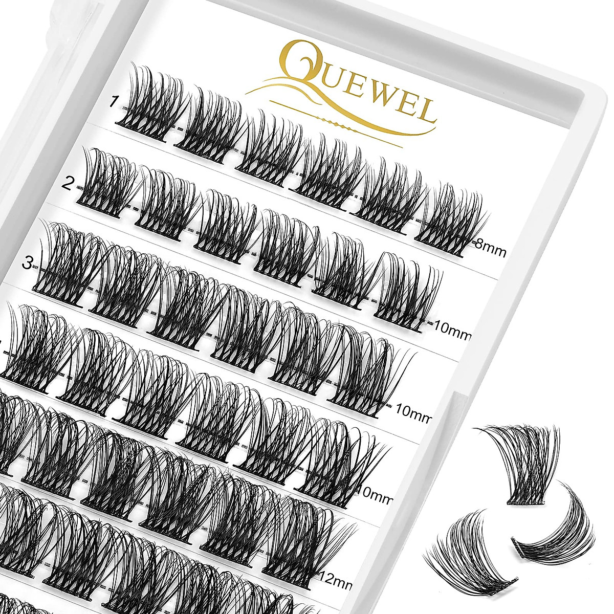 QUEWEL Lash Clusters 72 Pcs Wide Stem Cluster Lashes Mix8-16mm DIY Eyelash Extension Individual False Eyelashes Soft & Do Not Break for Personal Makeup Use at Home(QUH-S012-Mix8-16mm)