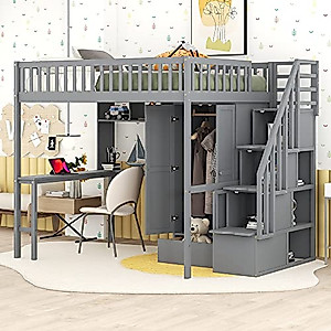DEINPPA Full Size Loft Bed with Desk and Wardrobe, Wooden Loft Bed Frame with Drawers and Shelves, for Boys Girls Teens Kids, No Box Spring Needed