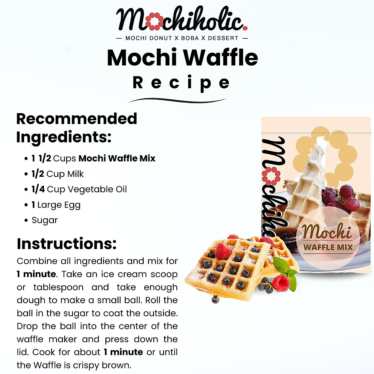 Mochi Waffle Mix Original Recipe - Rice Flour, Low Calories and Sugar - Essential Nutrients - 12 oz Healthy Daily Snacks by Mochiholic (Pack of 1)