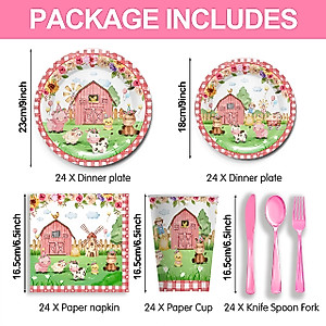 Piooluialy Pink Farm Birthday Party Supplies for Girl - Farm Animal Baby Shower Party Decorations Include Dinner Plates, Cups, Napkins, Cutlery, Farm House Barnyard Theme Party Supplies | Serves 24