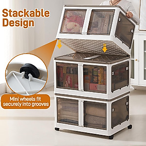 Fangtueh 90GAL Storage Bins with Lids, Stackable Storage Bins with Wheels, Collapsible Storage Bins with Doors, Large Plastic Storage Bins with Lid, Folding Storage Cabinet Container for Closet, White