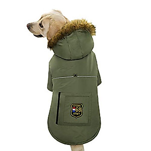 Miaododo Large Dog Down Jacket Hoodie Coat Winter Waterproof,Reflective Warm Dog Clothes Clothing Thick Padded for Medium Big Dogs, with Real Pocket (38, ArmyGreen)